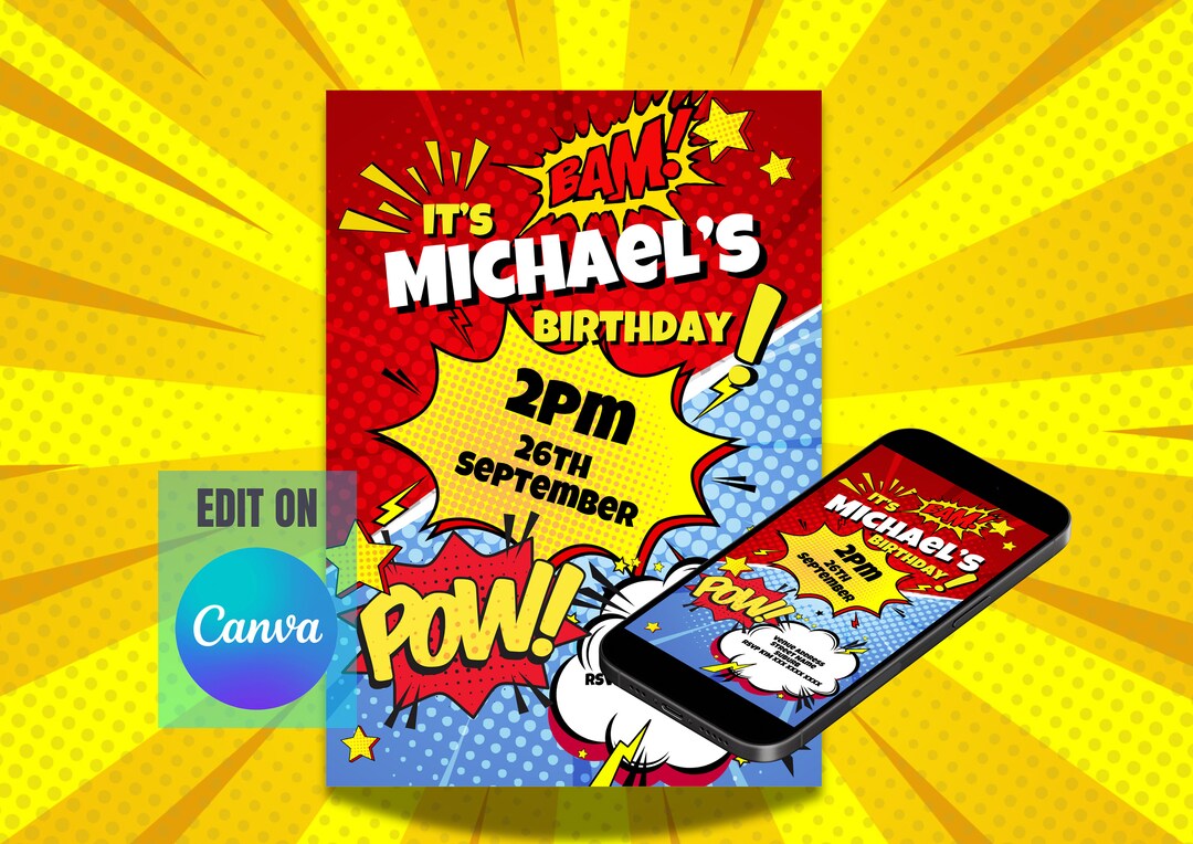 Superhero Comic Book Birthday Invitation. Fun Comic Invite, Boy Party ...