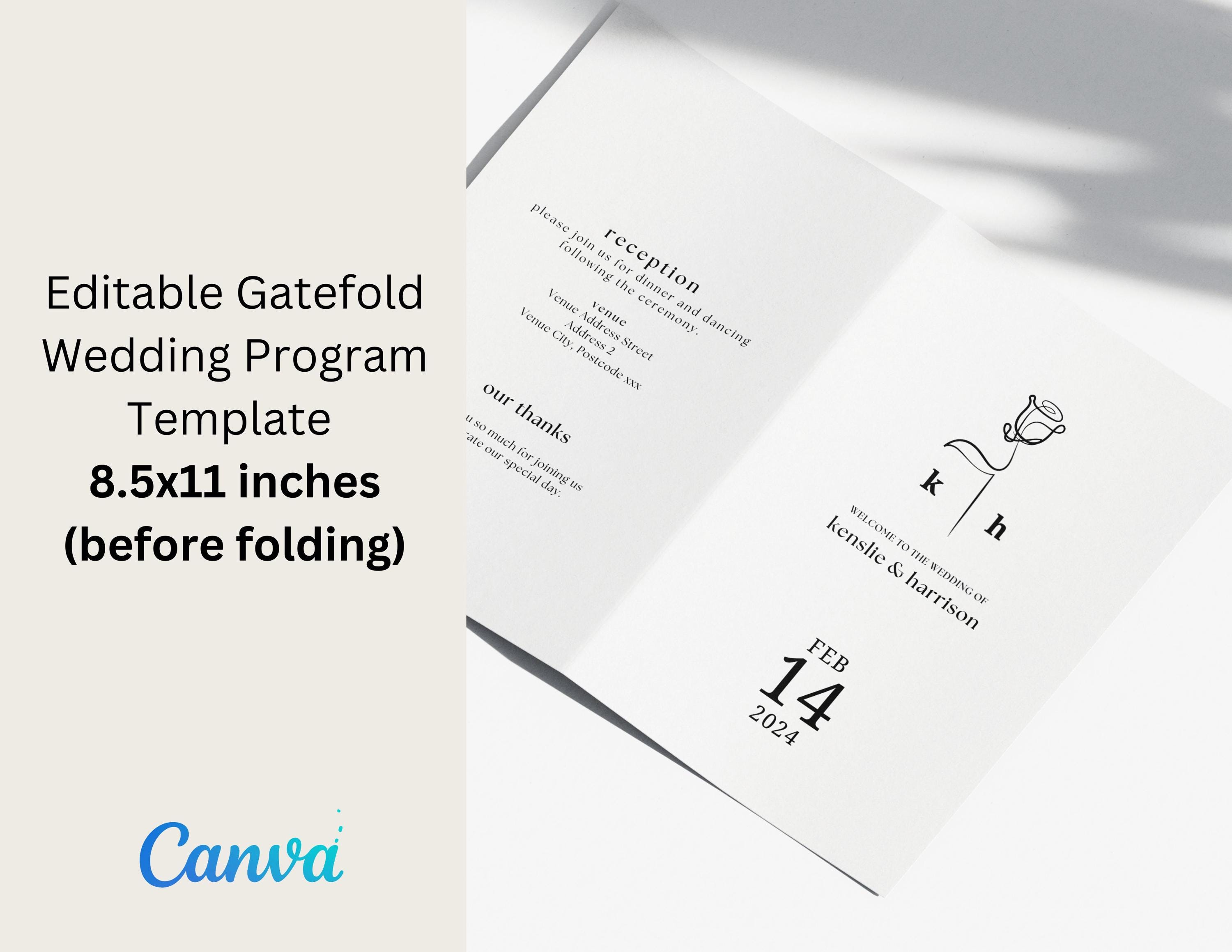 Elegant Wedding Program Template, Foldable Wedding Program, Minimalist ...