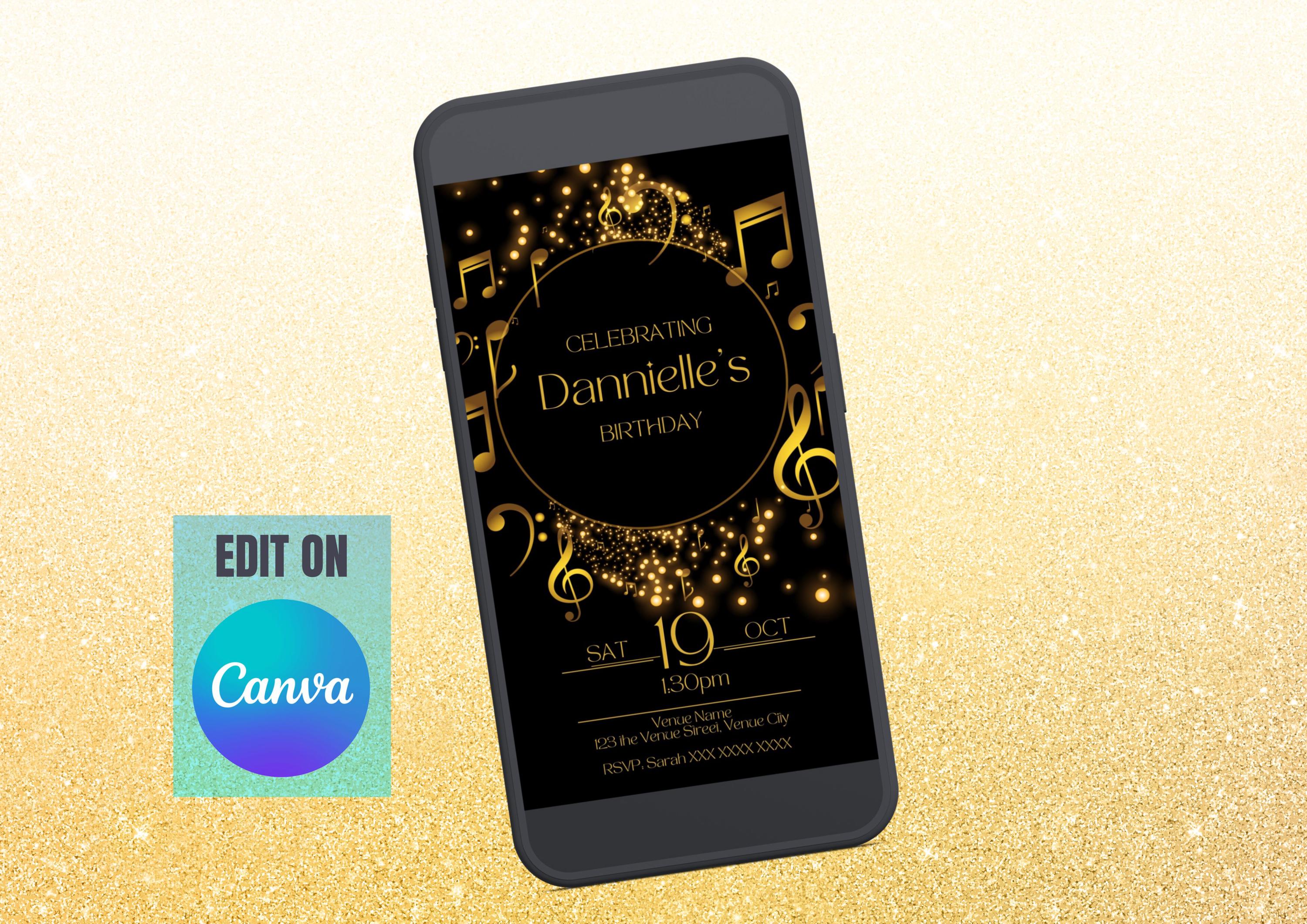 Music Birthday Gold and Black, Teen or Adult Birthday Invitation ...