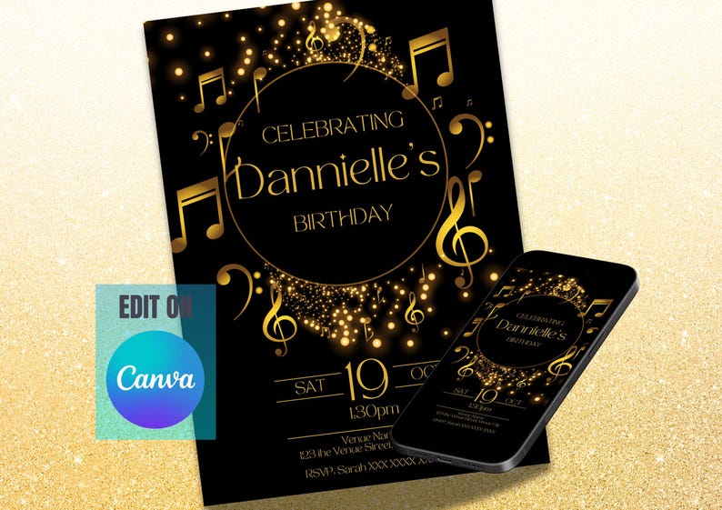 Music Birthday Gold and Black, Teen or Adult Birthday Invitation ...