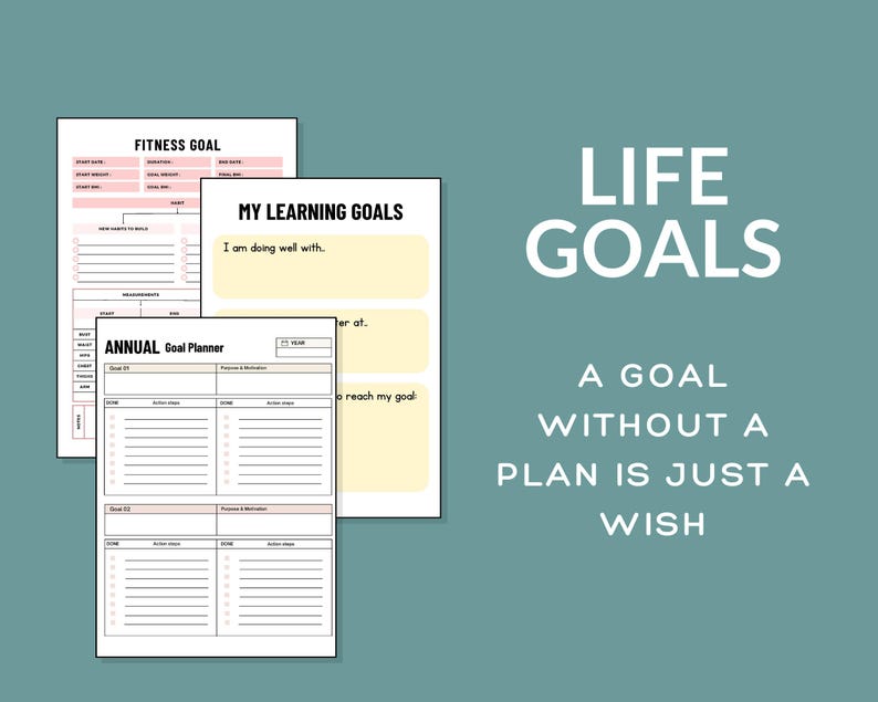 Goal Planner Printable Bundle, Daily, Weekly, Monthly Annual Goals, Minimalist and Productivity ...