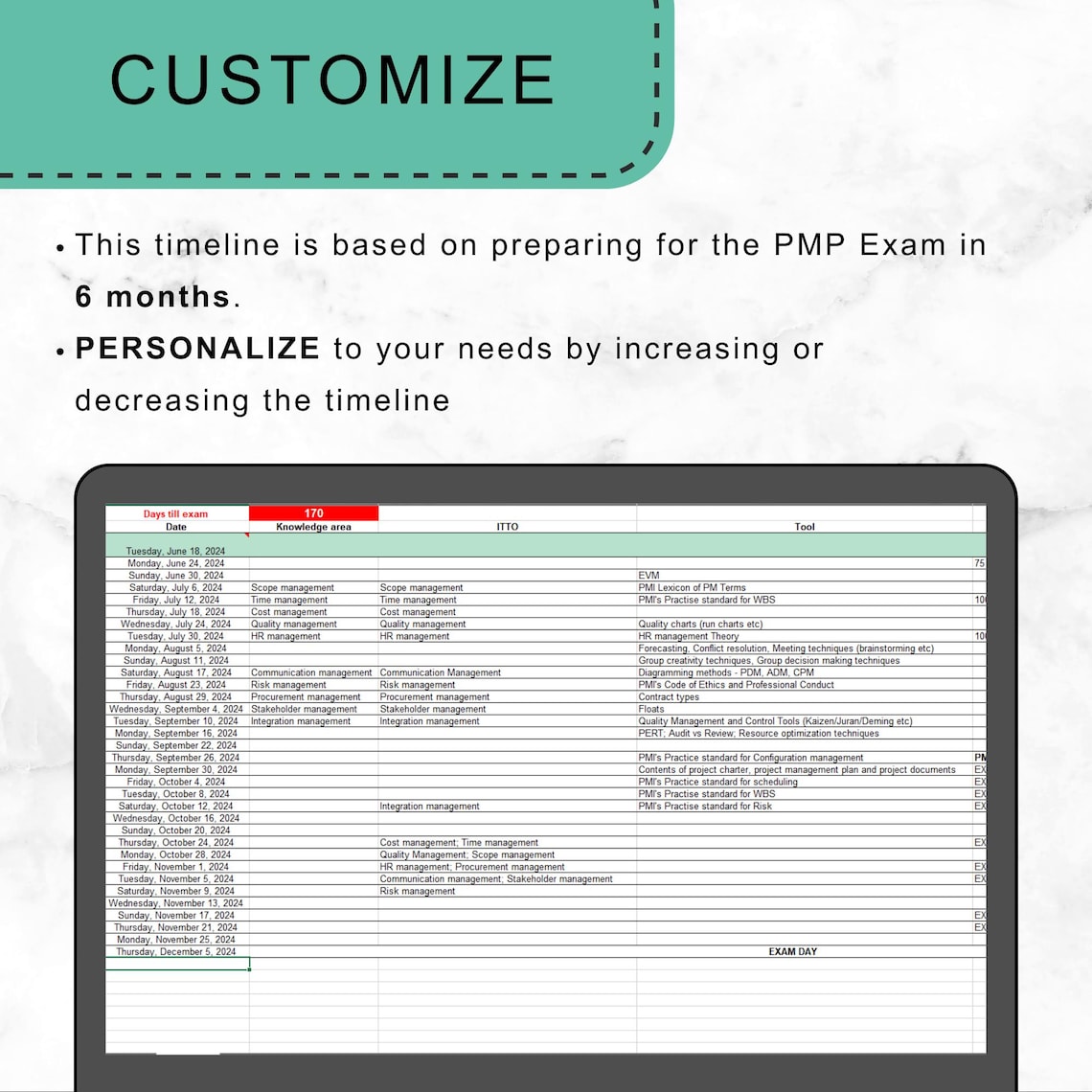 PMP Exam Study Schedule: 6-month Certification Prep (excel, Digital ...