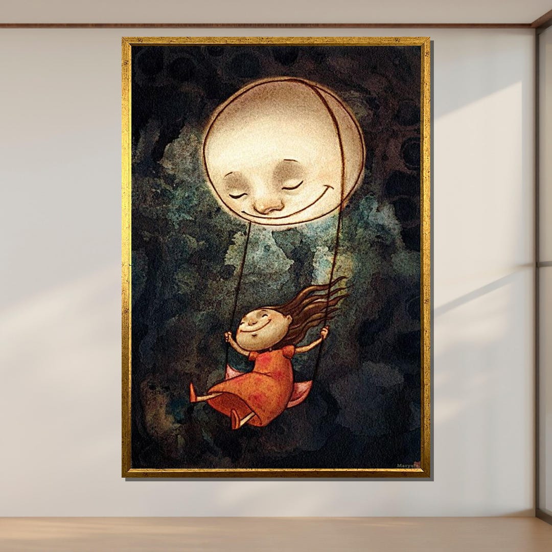 Whimsical Moon Swing Art, Cute Girl Canvas, Playful Fantasy Wall Print ...