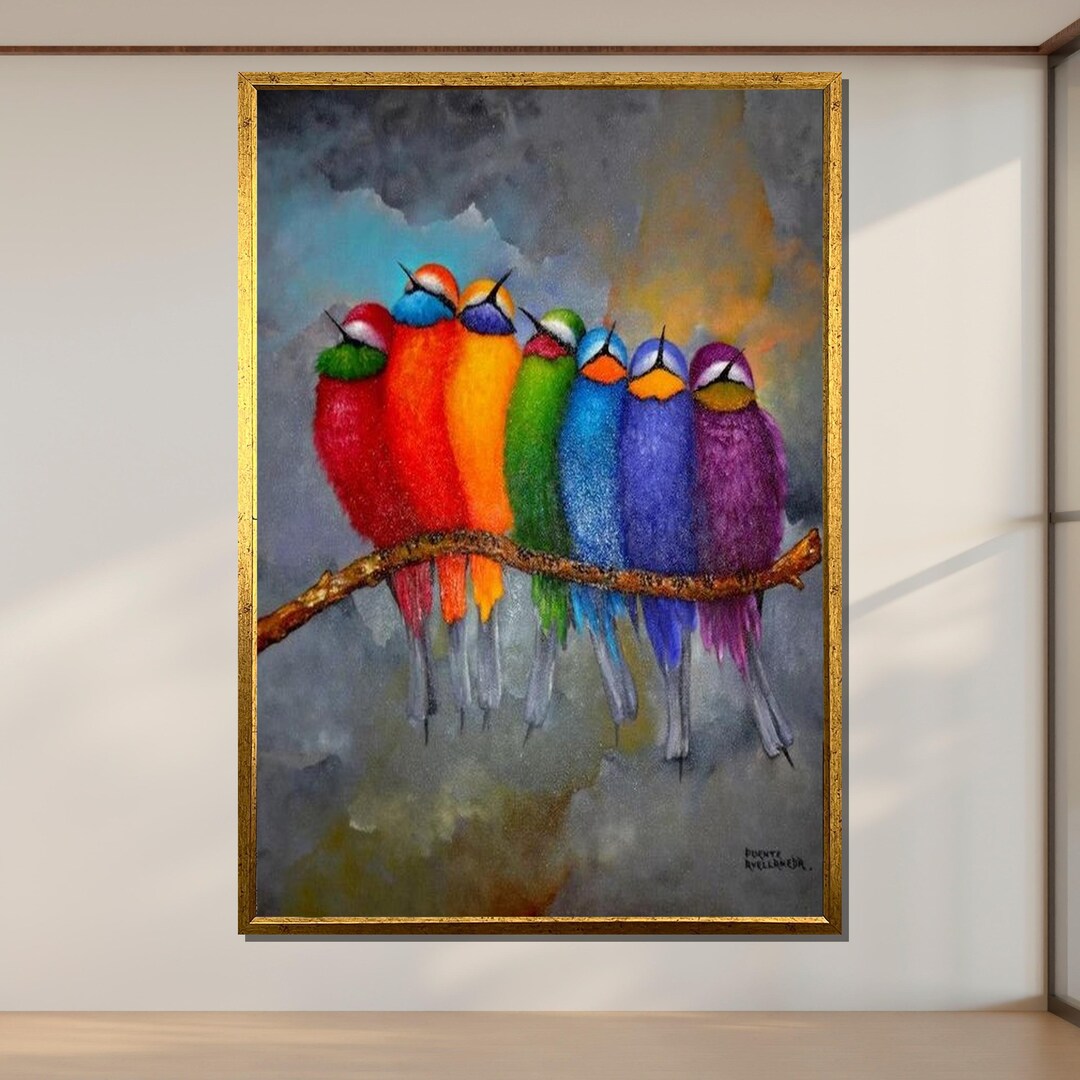Rainbow Birds on Branch Canvas, Colorful Bird Art,whimsical Nature ...