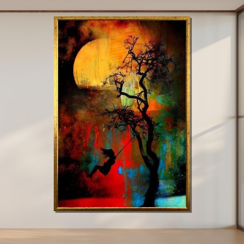 Mystical Swing Art, Silhouette Girl Canvas, Moonlit Tree Wall Print, Dreamlike Night Decor ...