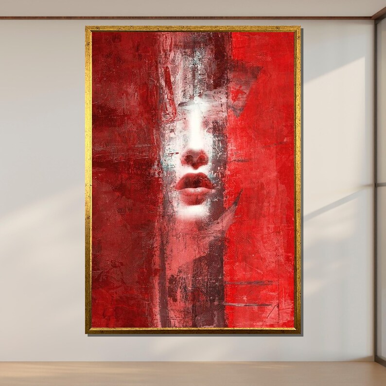 Red Veil Portrait, Abstract Face Art, Emotional Expression Canvas ...