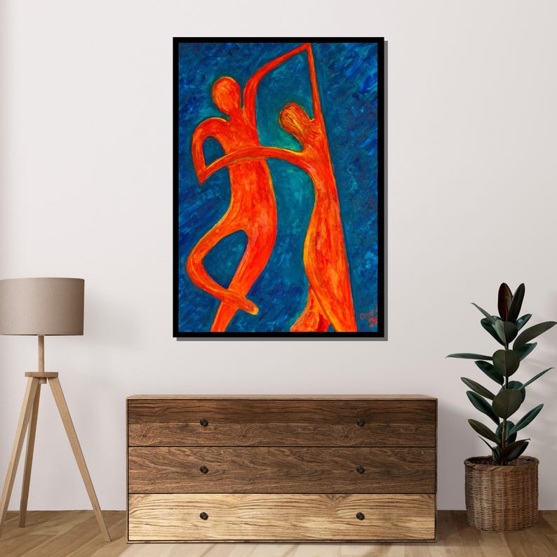 Fiery Dance Canvas, Abstract Couple Art, Modern Wall Decor, Red Figures ...