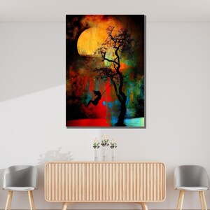 Mystical Swing Art, Silhouette Girl Canvas, Moonlit Tree Wall Print, Dreamlike Night Decor ...