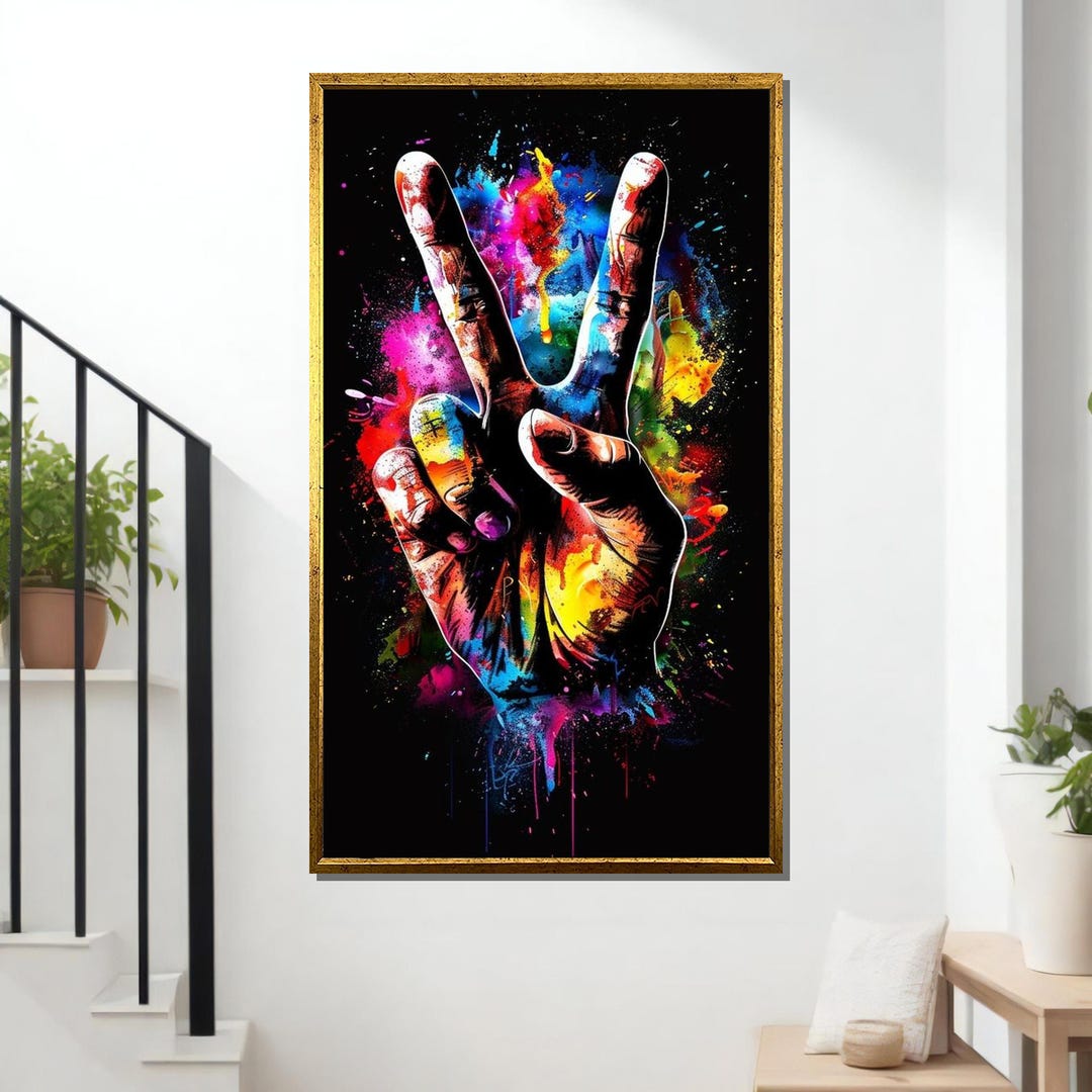 Vibrant Peace Sign Art, Colorful Hand Gesture Canvas, Bold Graffiti ...