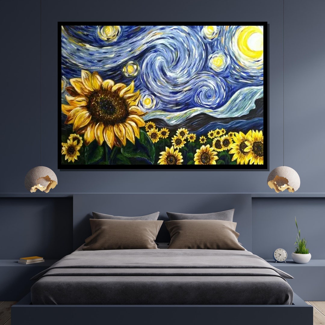 Starry Night Sunflowers Canvas, Van Gogh Inspired Art, Floral Starry ...