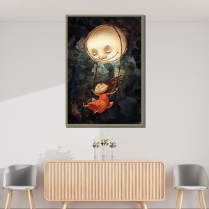 Whimsical Moon Swing Art, Cute Girl Canvas, Playful Fantasy Wall Print ...