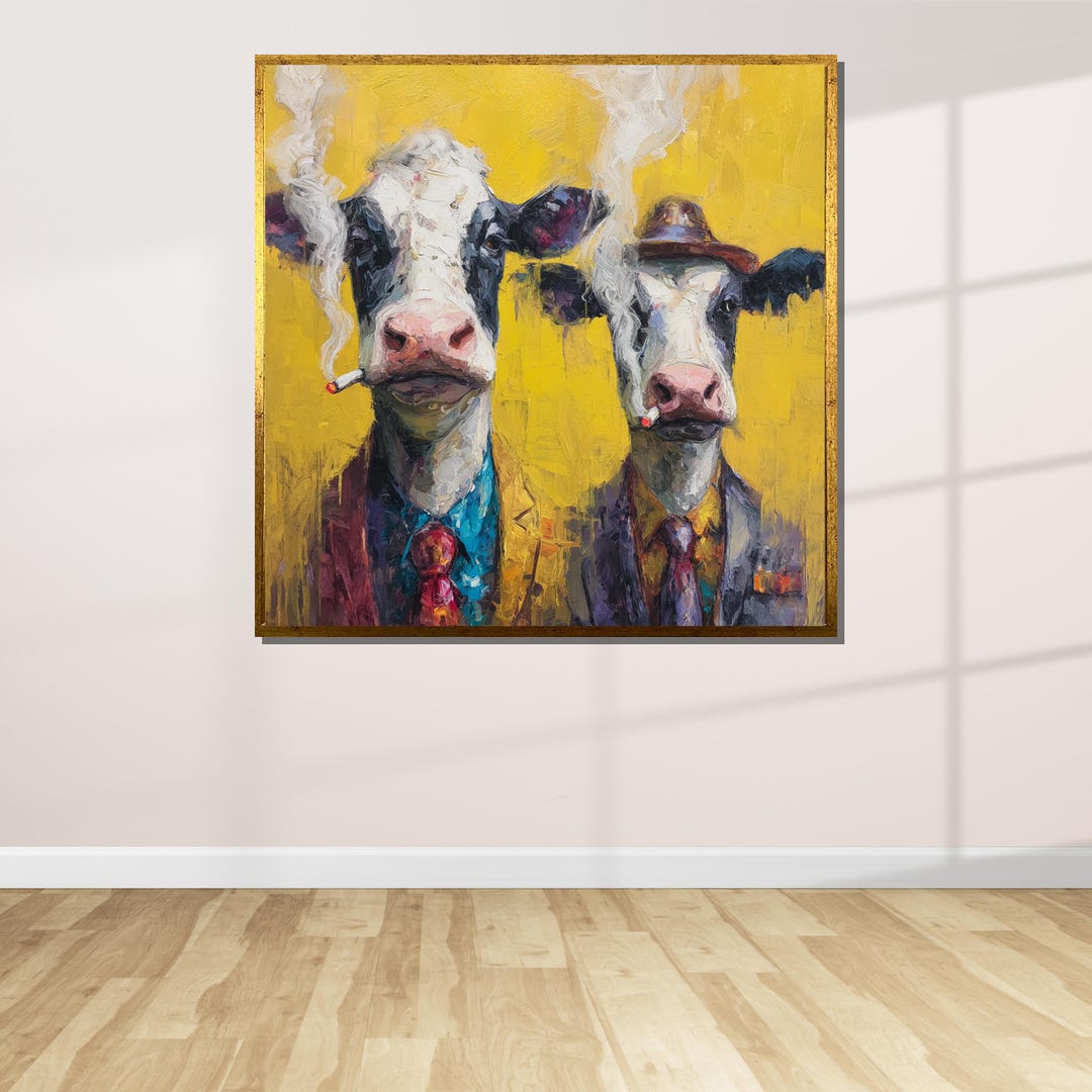 Smoking Cows Canvas, Funny Cow Wall Art, Quirky Animal Painting, Cows ...