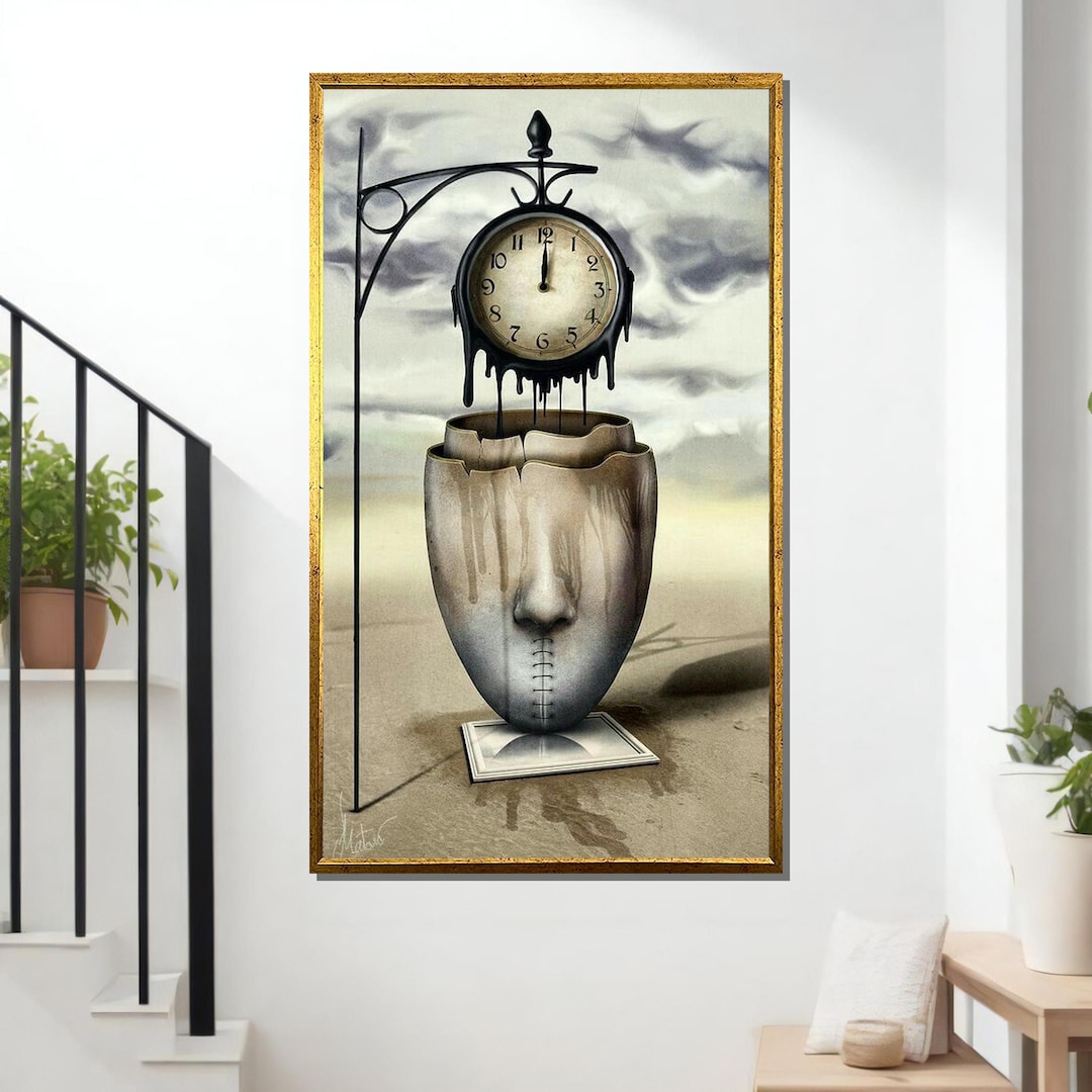 Surreal Melting Clock Art, Abstract Timepiece Canvas, Dreamlike Head ...