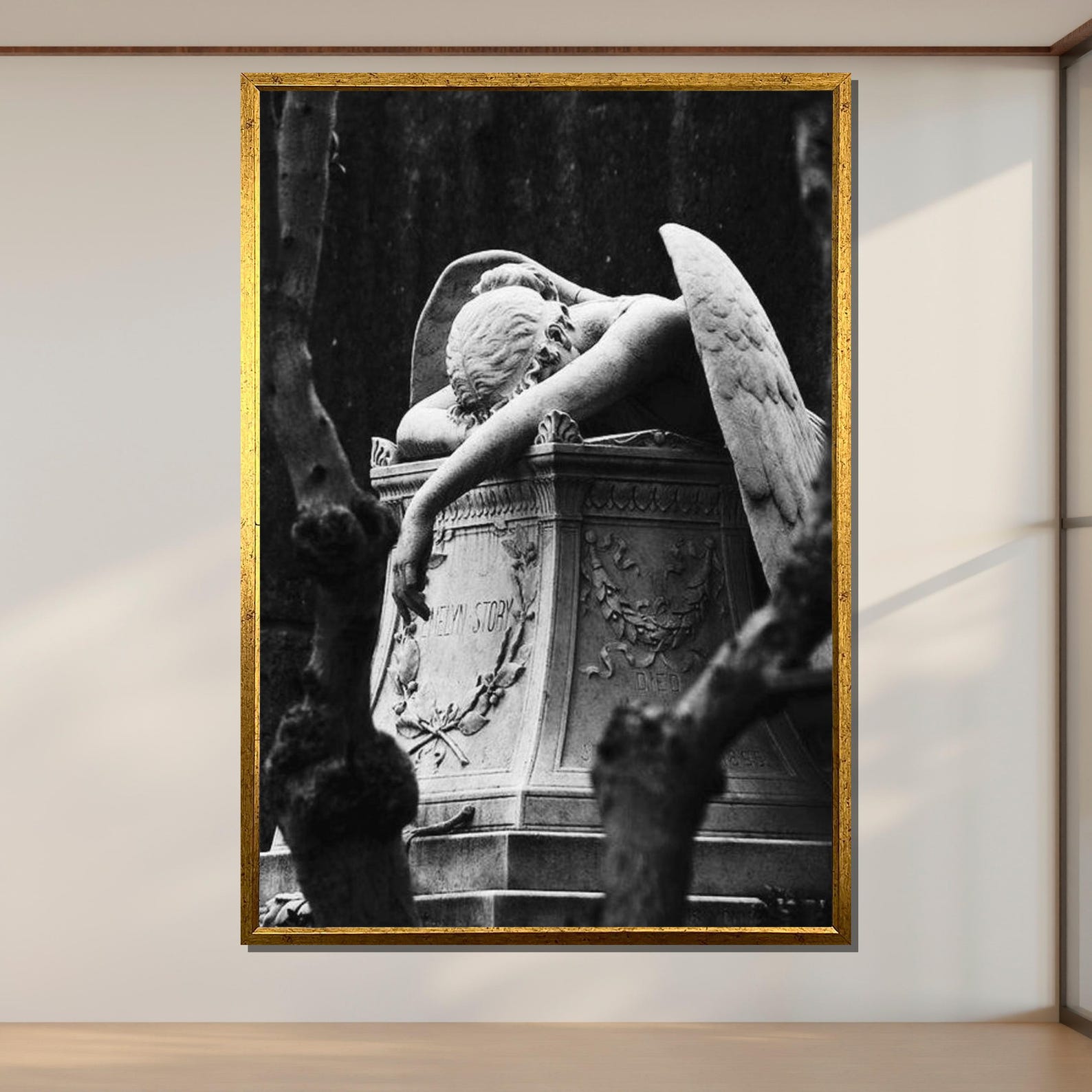 Weeping Angel Canvas, Mourning Statue Art, Gothic Cemetery Wall Print ...