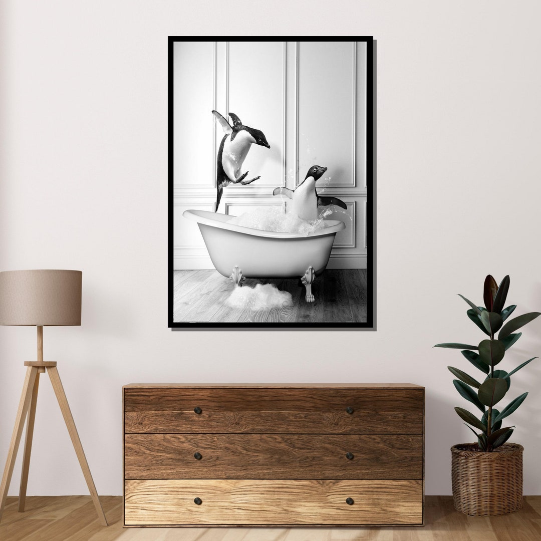 Playful Penguins Bath Time Canvas, Whimsical Animal Art, Black and ...