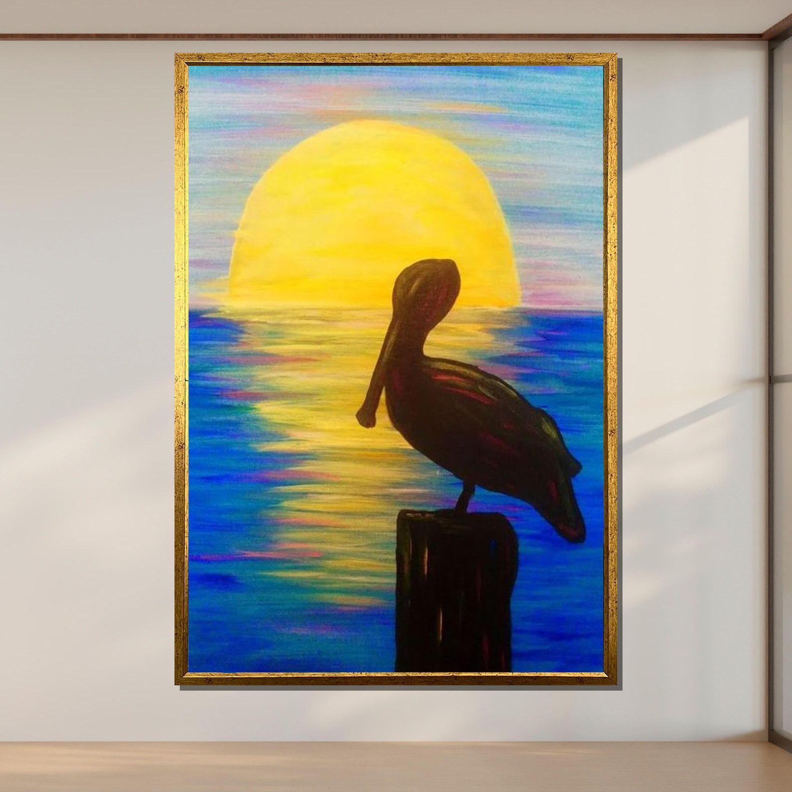 Sunset Pelican Canvas, Coastal Sunset Art, Beach Bird Print, Ocean View ...