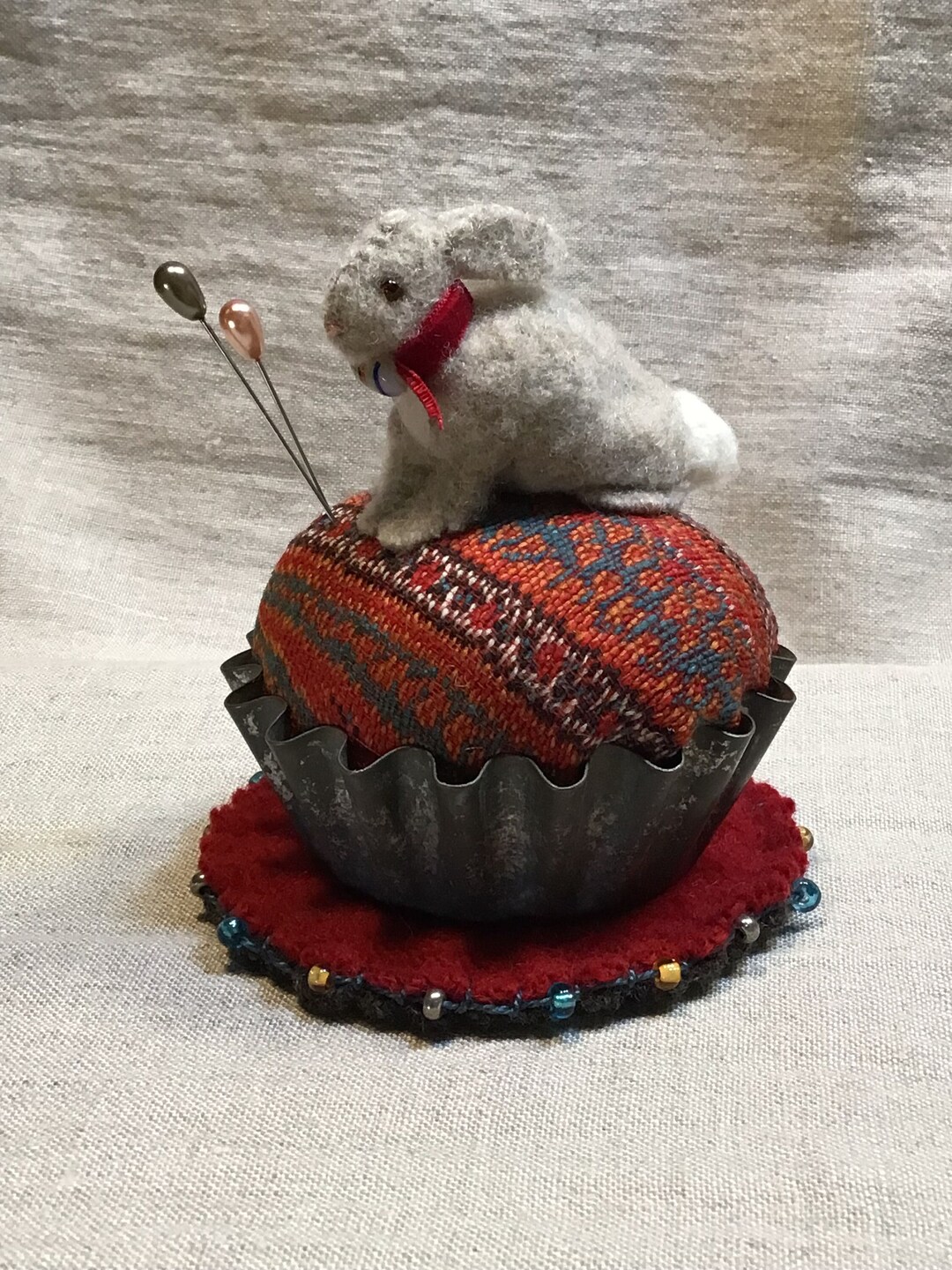 Wool Bunny on Antique Paisley Tuffet in a French Tin Tart Red Base - Etsy