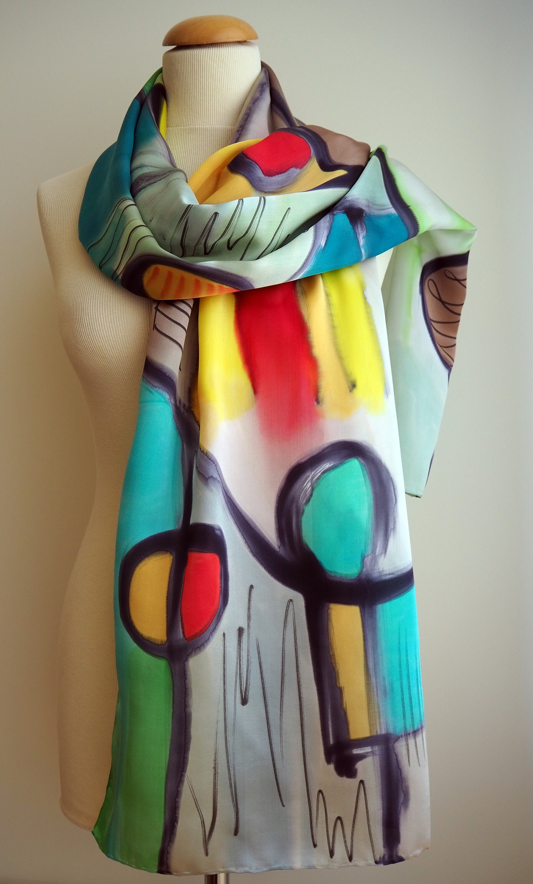 Hand Painted Twill Silk Scarf/ Miró Style Silk Scarf/ Ready to - Etsy