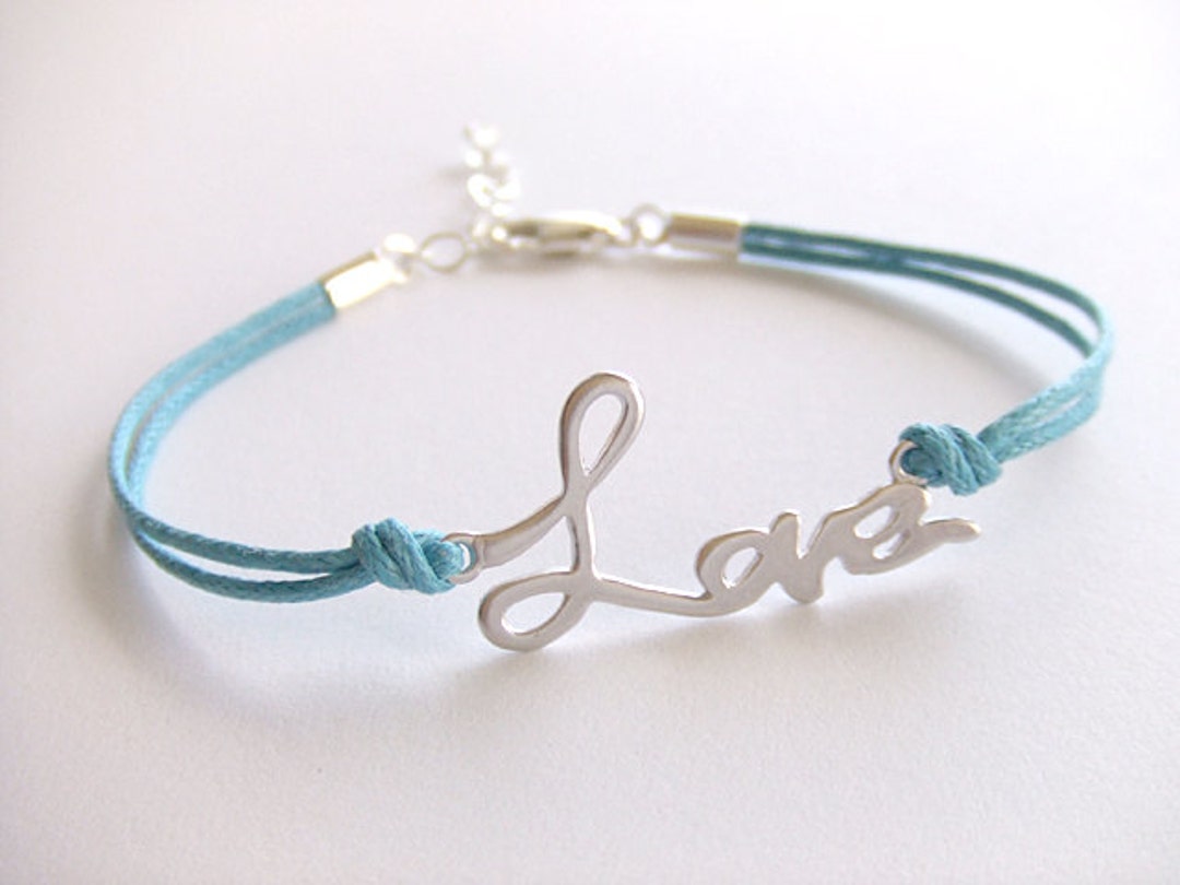 Love Bracelet Turquoise Cord Silver Cursive Love Charm - Etsy