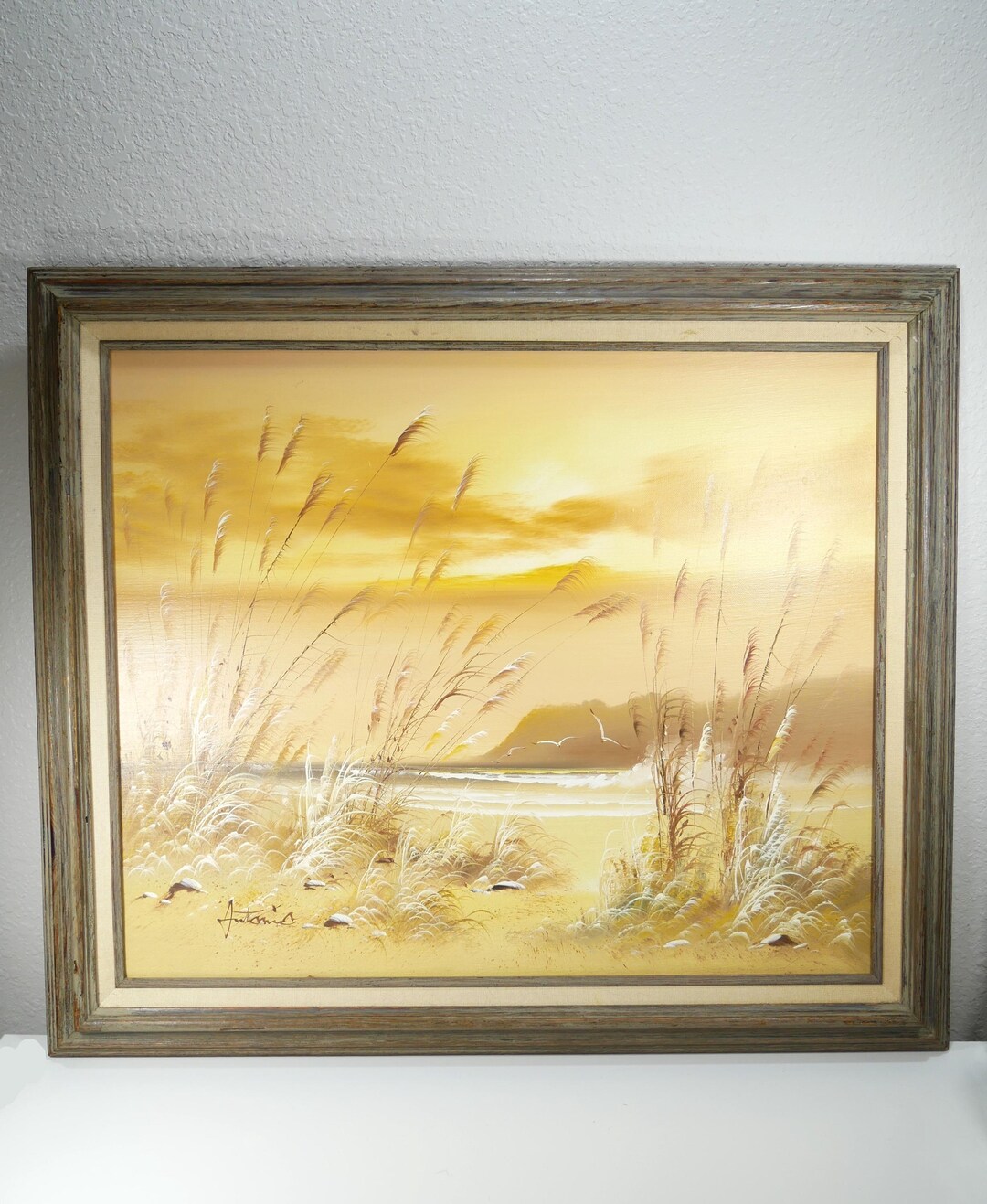 Large Vintage Signed Framed Ocean Beach Oil Painting Waves Grass ...
