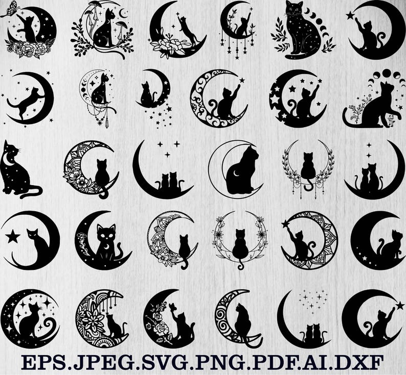 Cute Cat and Moon Phases Svg Bundle, Magic Cat Svg, Moon Cat Svg, Boho ...
