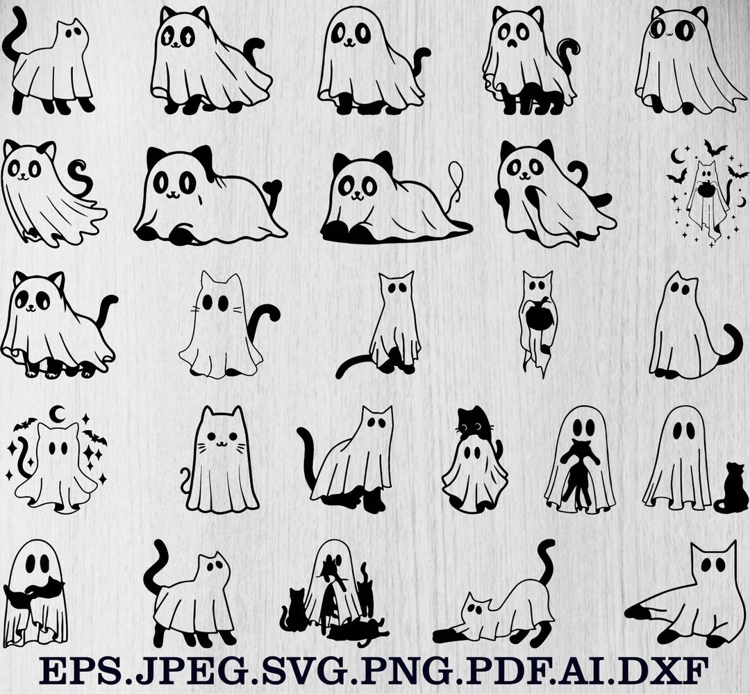 Cute Ghost Cat Svg Bundle, Ghost Cat Clipart, Halloween Cat Svg, Spooky ...