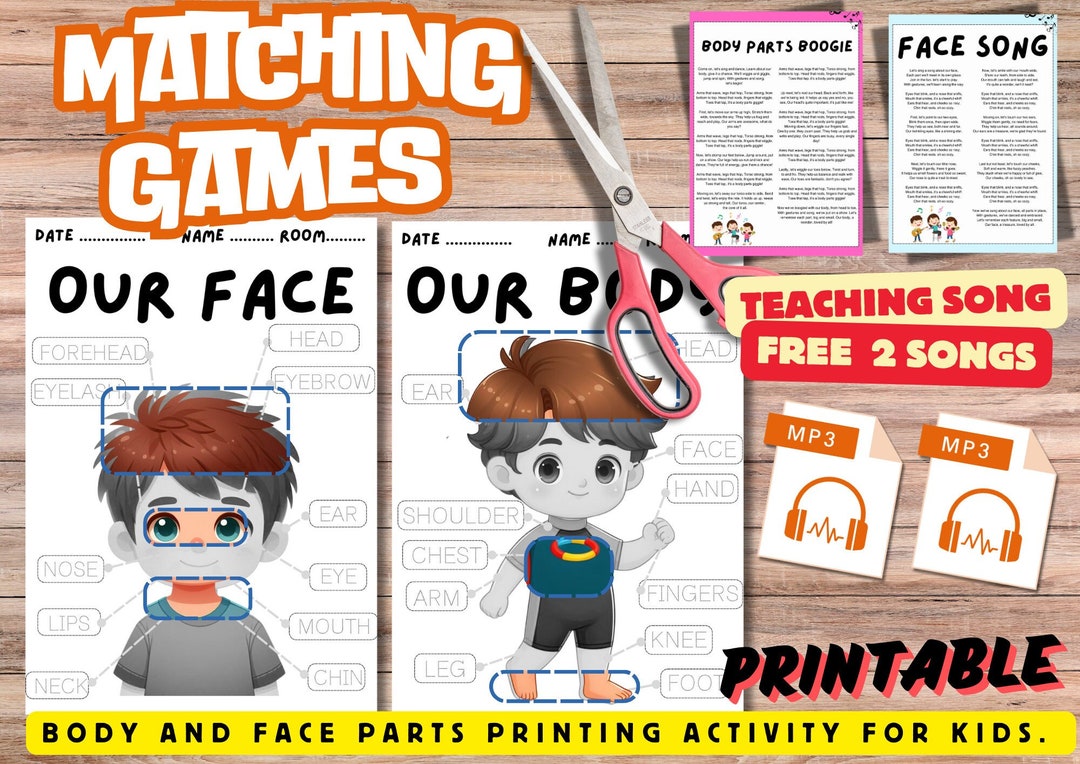 Body and Face Parts Printing Activity for Kids. Matching Games and ...