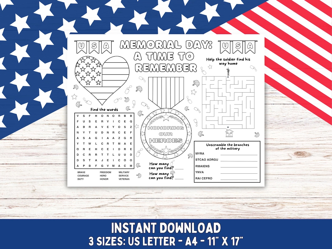 Memorial Day Printable Coloring Page & Activity Sheet, Memorial Day ...