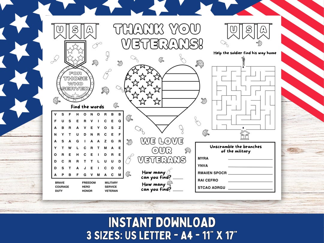 Veterans Day Printable Coloring Page & Activity Sheet, Veterans Day ...