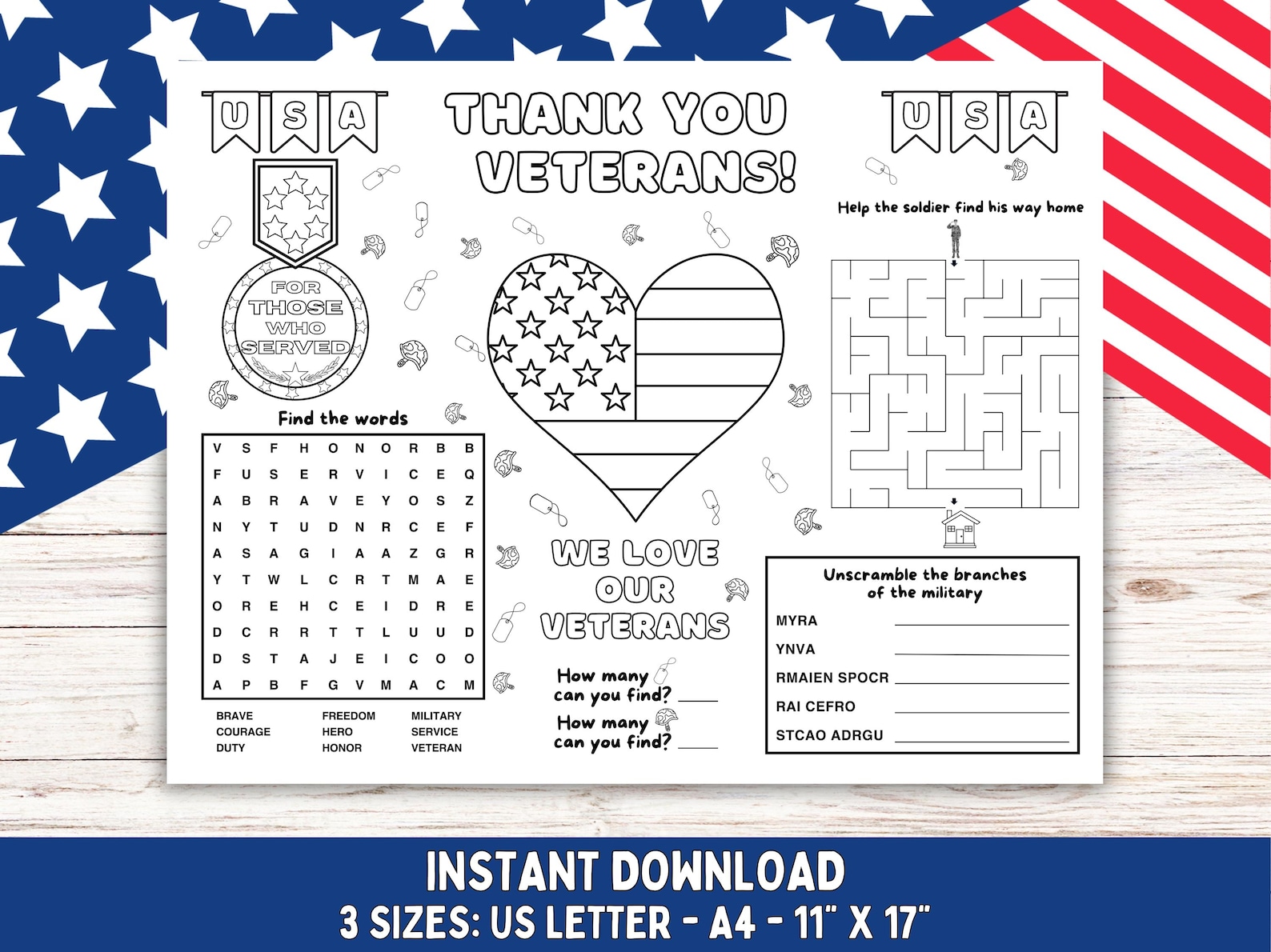 Veterans Day Printable Coloring Page & Activity Sheet, Veterans Day ...