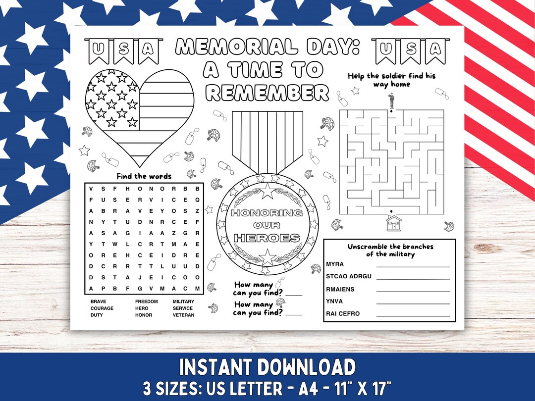 Memorial Day Printable Coloring Page & Activity Sheet, Memorial Day ...