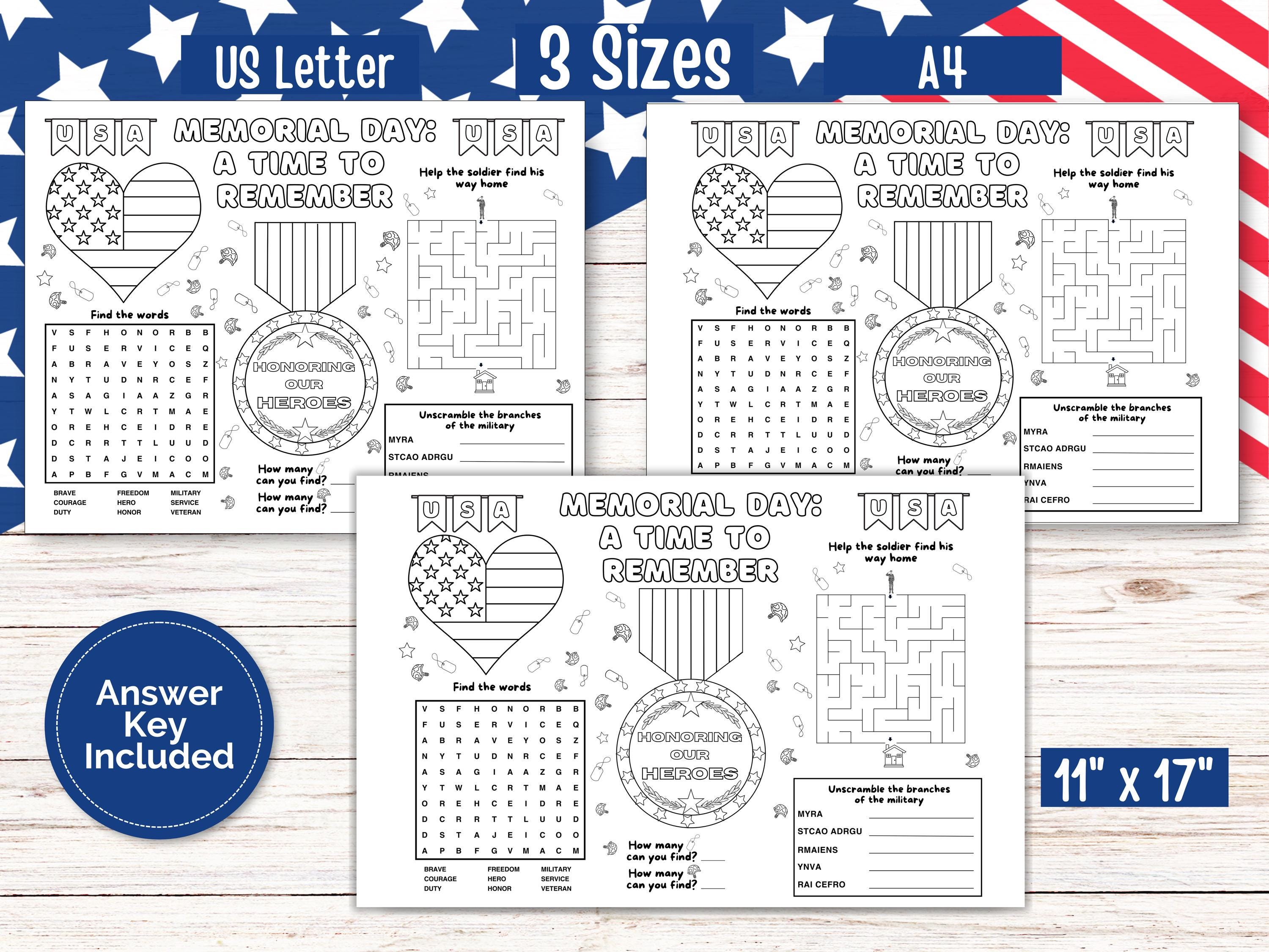 Memorial Day Printable Coloring Page & Activity Sheet, Memorial Day ...