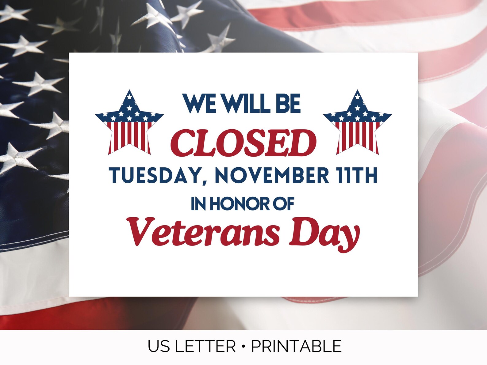 Closed for Veterans Day Printable Sign, Closed Veterans Day Sign, Store ...