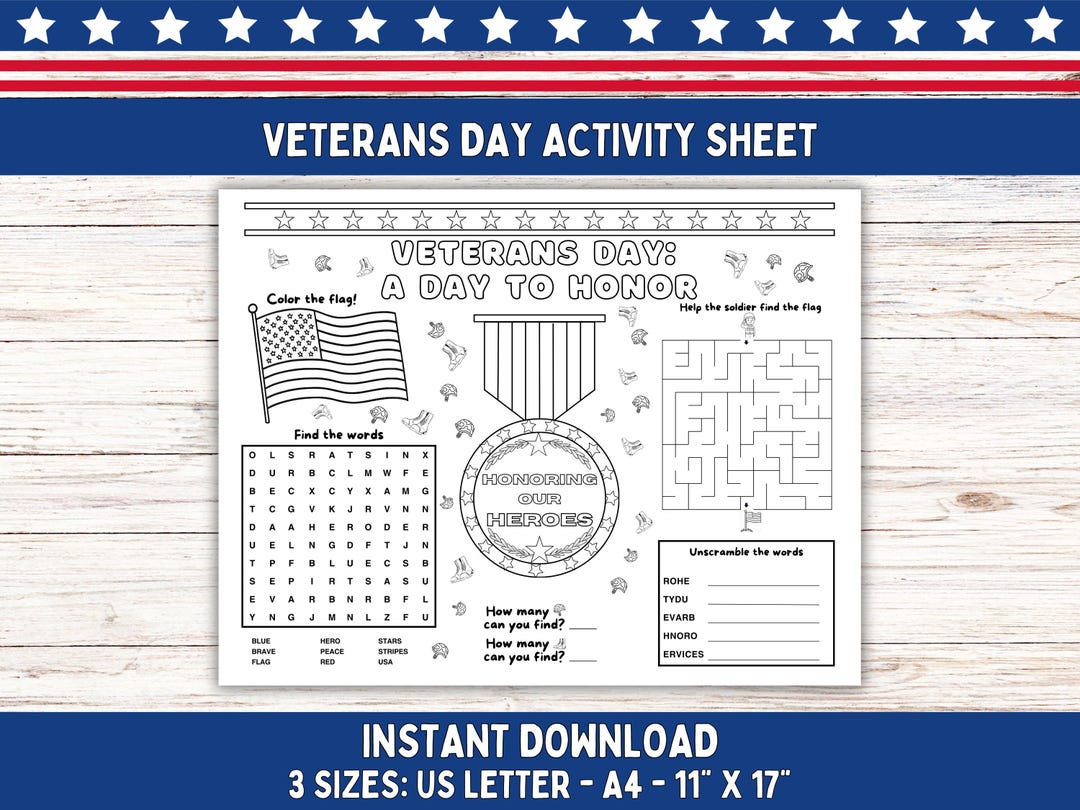 Veterans Day Printable Coloring Page & Activity Sheet, Veterans Day ...