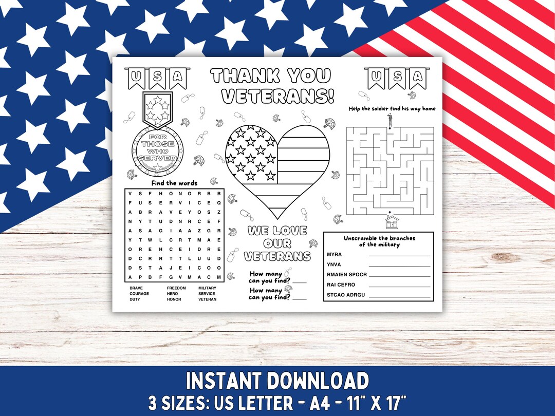 Veterans Day Printable Coloring Page & Activity Sheet, Veterans Day ...