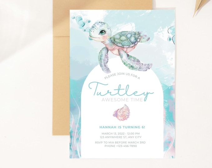 Turtle Birthday Party Invitation Template Digital Download, Green and ...