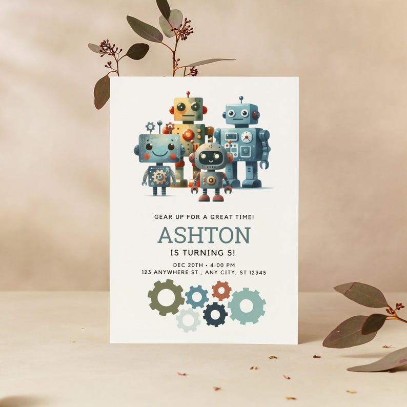 Editable Robot Birthday Invitation, Gear up for A Good Time ...