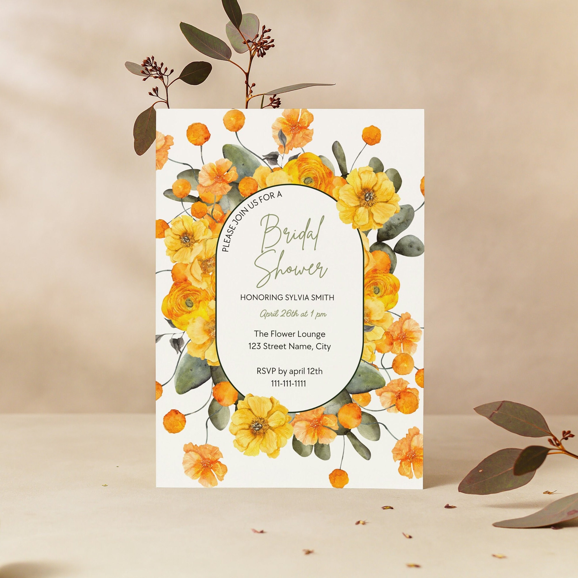 Editable Watercolor Yellow Floral Bridal Shower Invitation ...