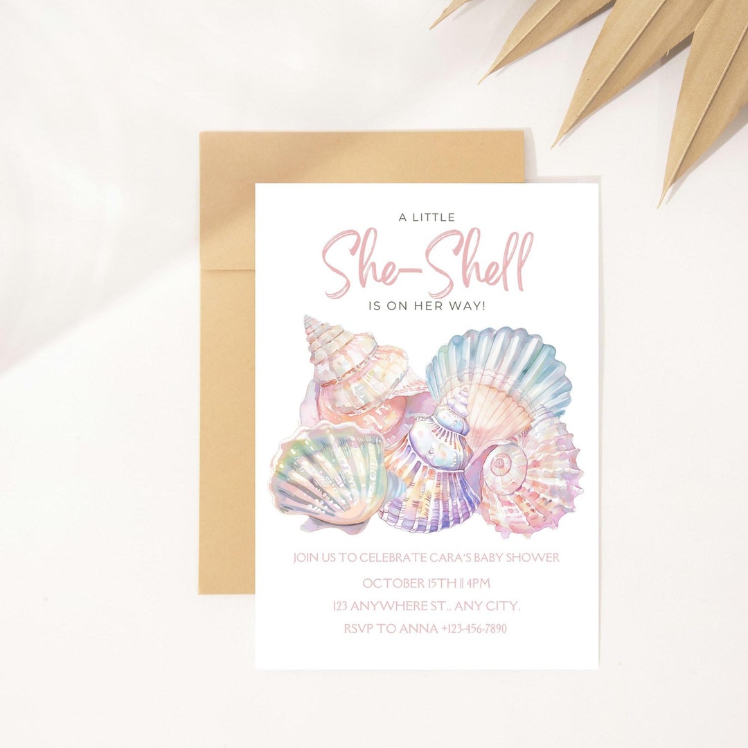 Editable Sea Shell Themed Baby Shower Invitation, A Little She-shell ...