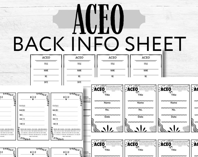 ACEO ATC Back Side Info Card Sheets Printable Download, Artist Trading ...
