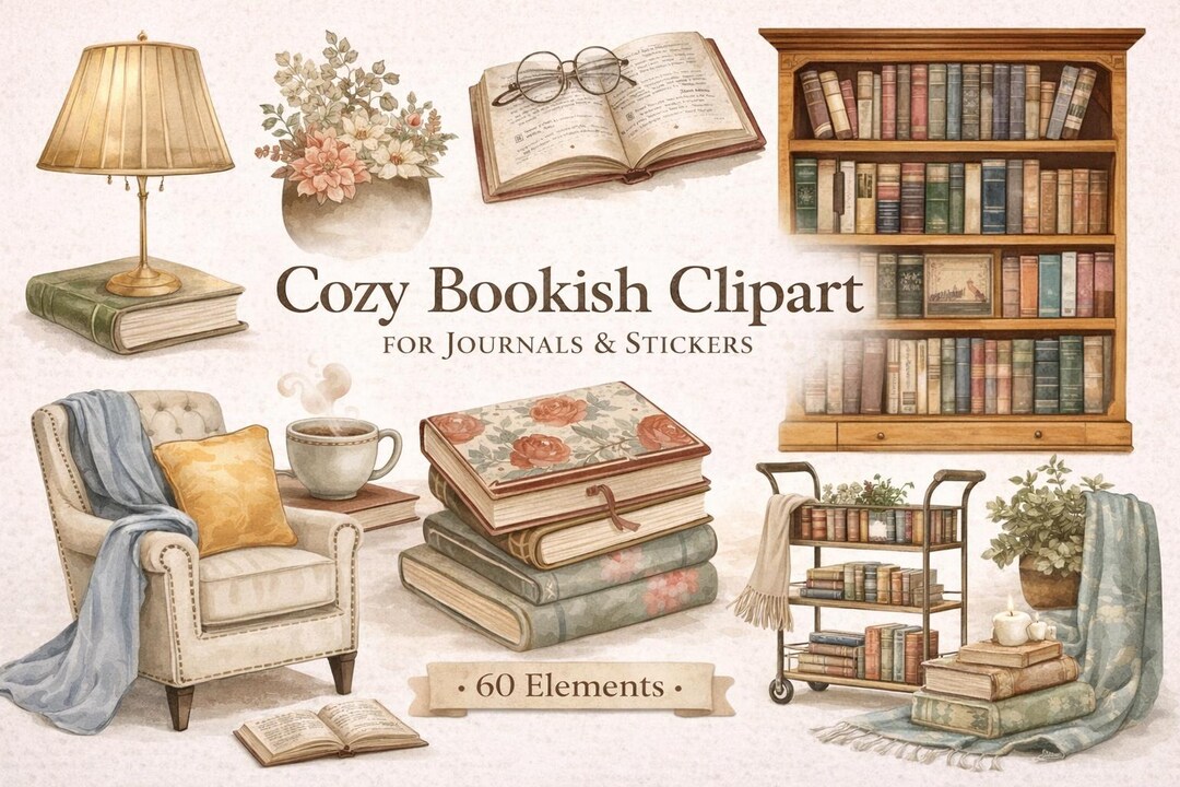 Cozy Watercolor Bookish Clipart Bundle, Reading Journal Graphics ...
