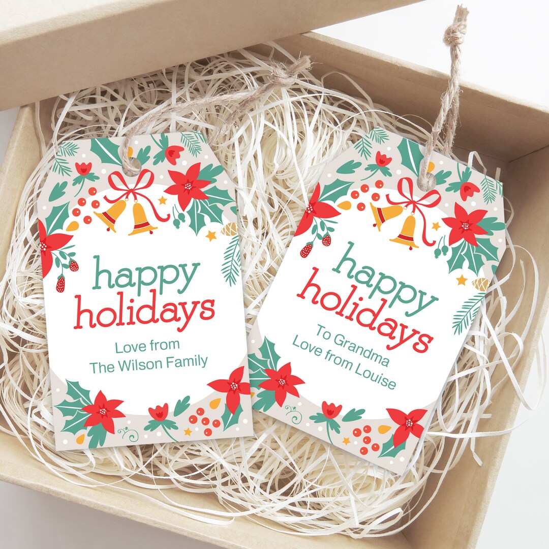 Happy Holidays Gift Tags Printable, Editable Personalized Tags, Festive ...