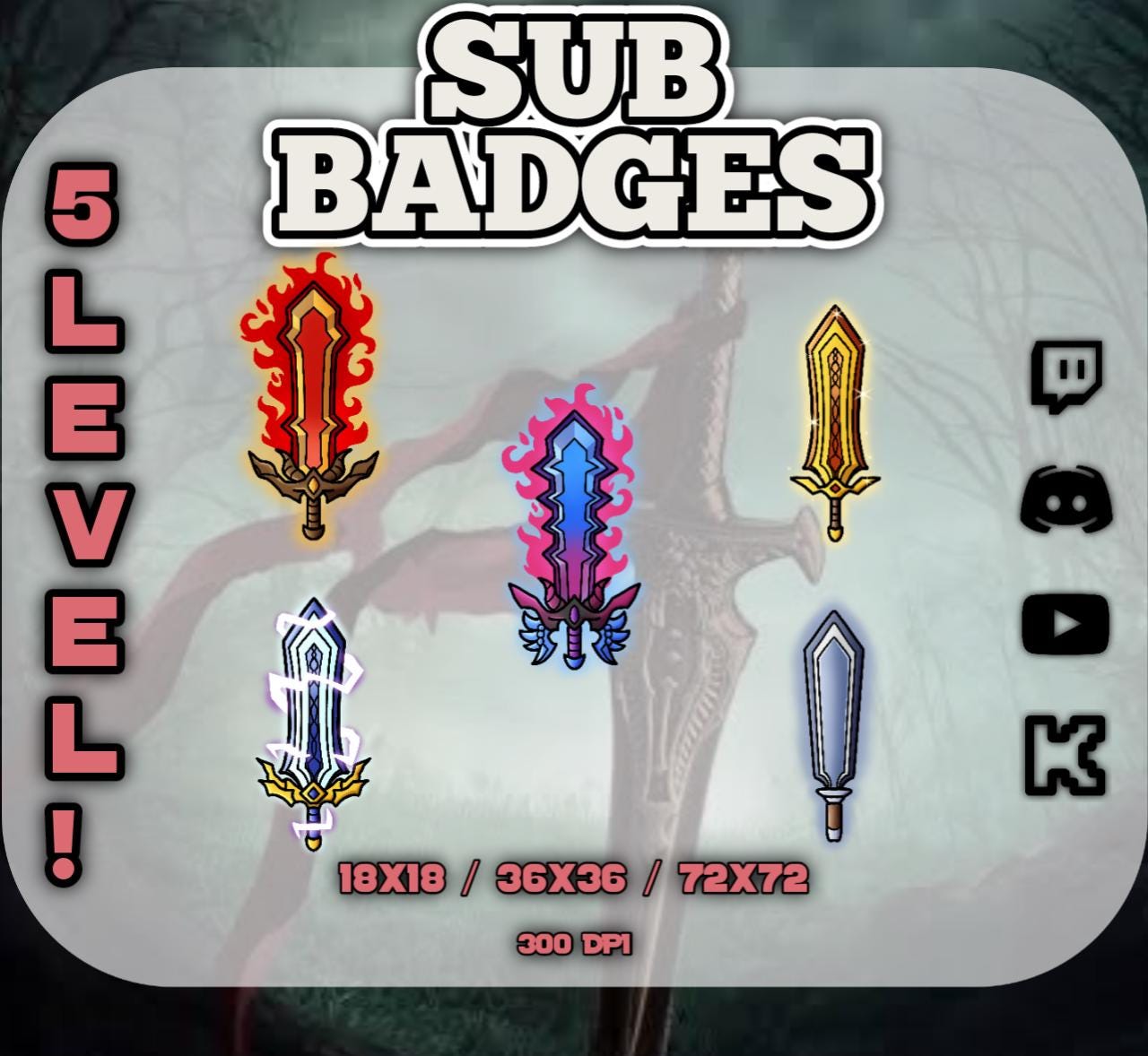 Sword Sub Badges for Twitch Discord Youtube Kick | Level 1-5 Streamer ...