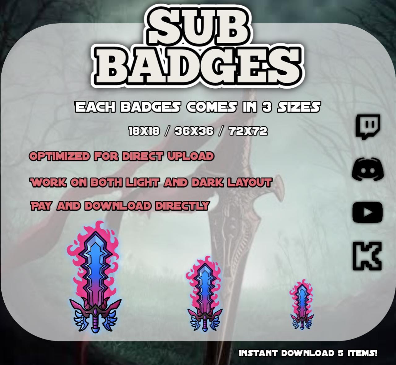 Sword Sub Badges for Twitch Discord Youtube Kick | Level 1-5 Streamer ...