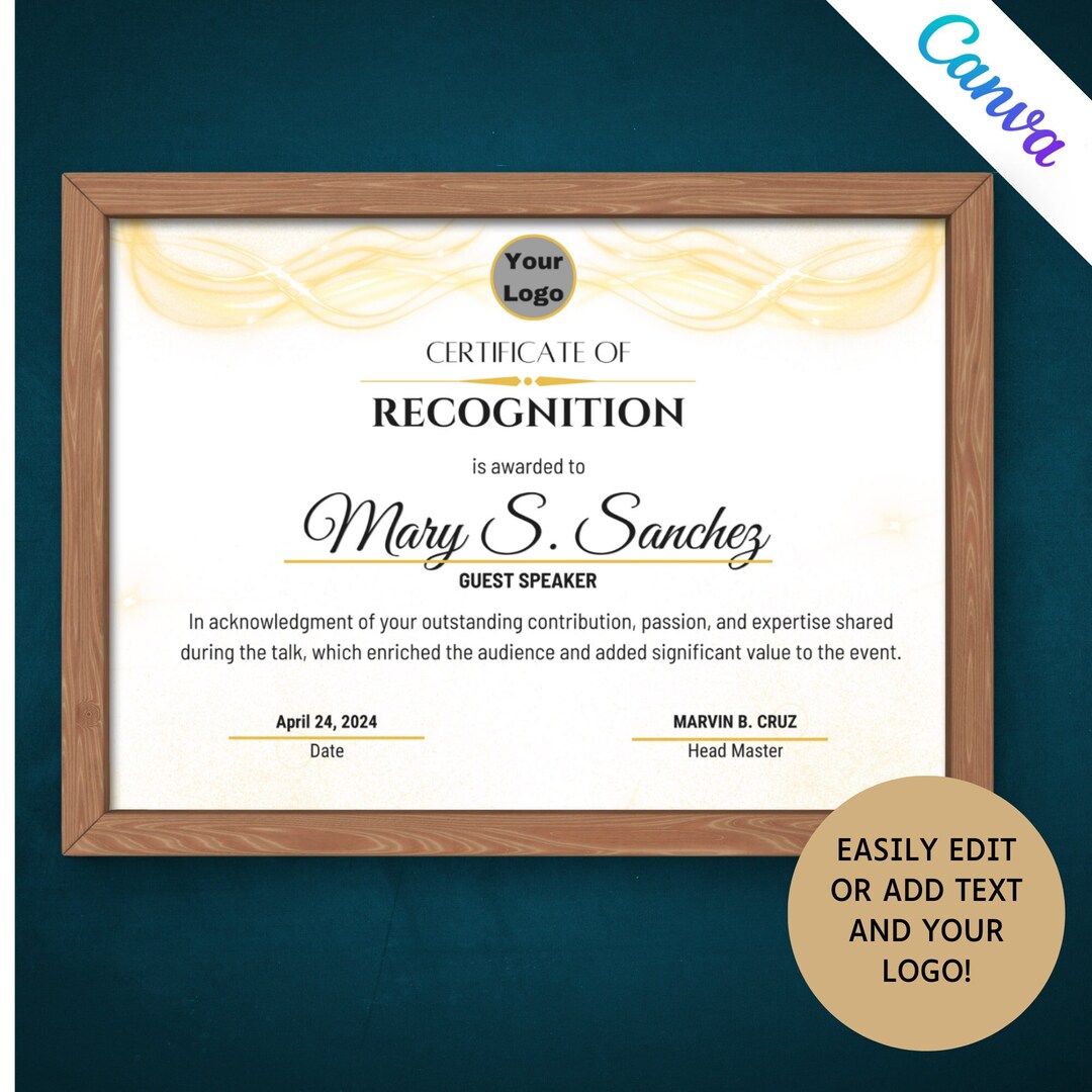 Editable Certificate of Recognition Template, Printable Recognition ...
