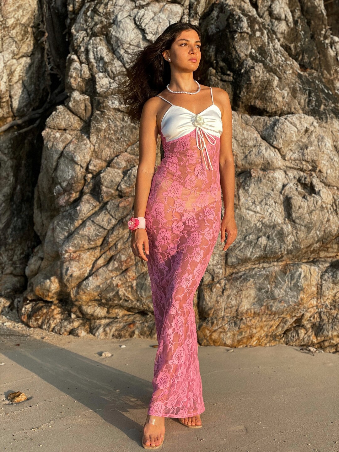 Elegant Pink and White Lace-back Sundress for Beach Weddings, Pool ...