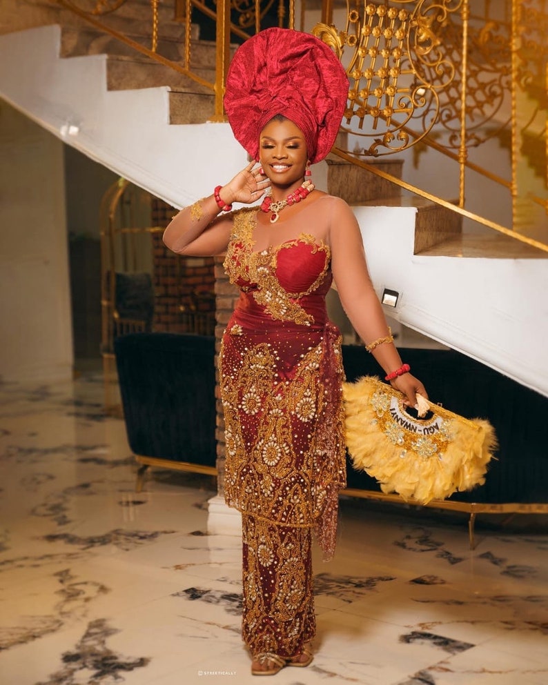 Elegant Red and Gold Africa Igbo Bridal Traditional Wedding George ...
