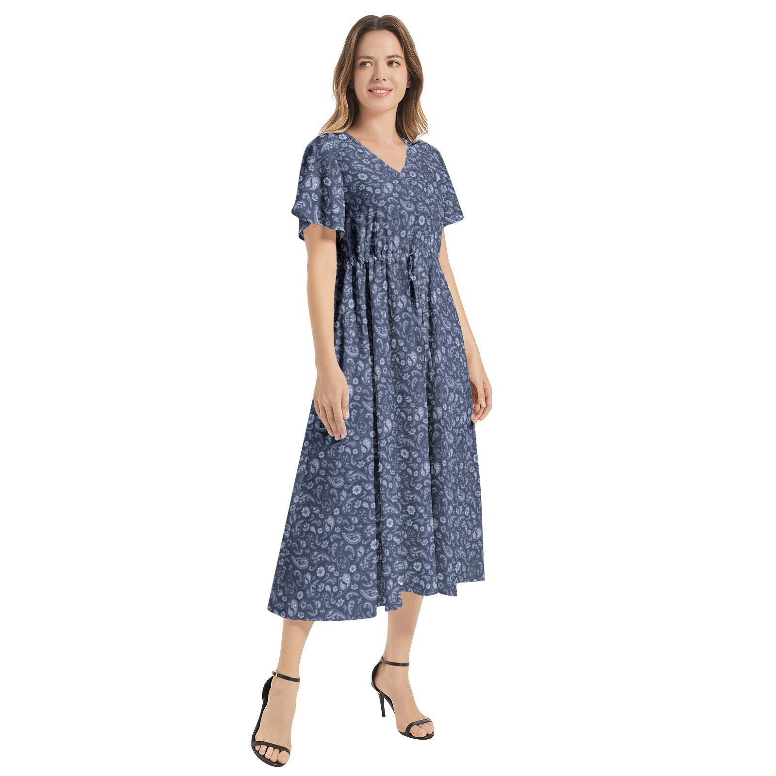 Flutter Sleeve Drawstring Waist Flared Dress, Fit and Flare Dress ...