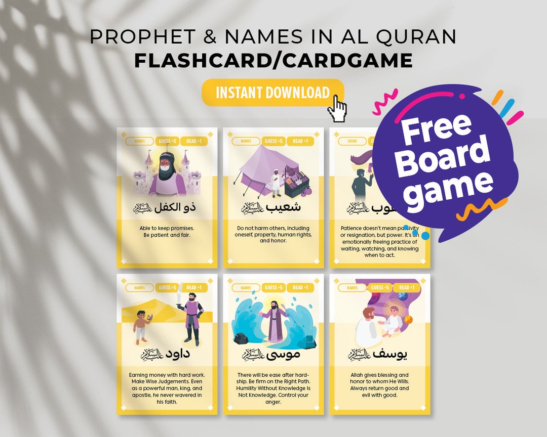 25 Prophets of Islam Flashcards/game Card With Free Board Game, Muslim ...