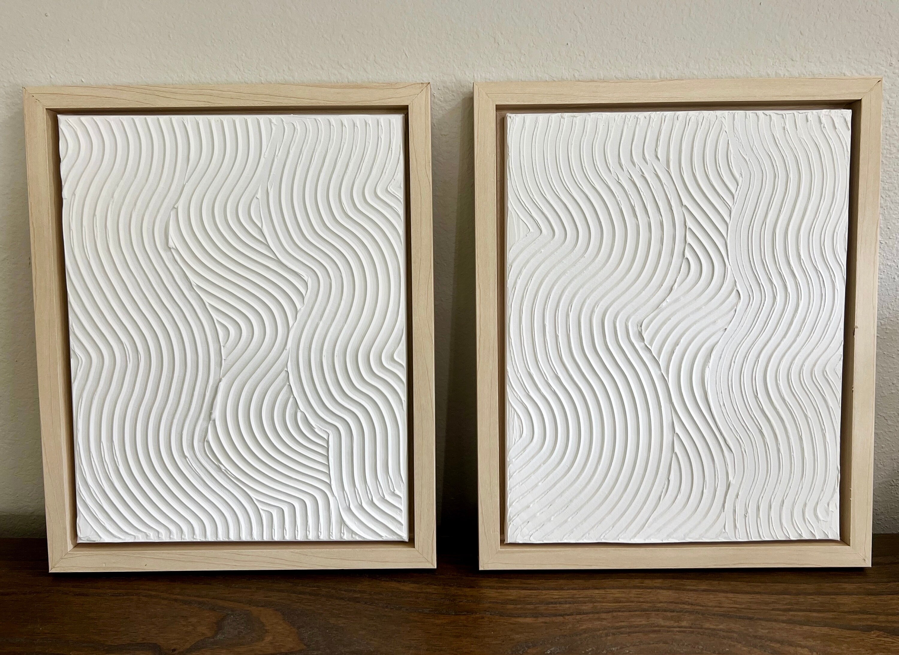 Set of 2 Framed Textured Art Canvases Textured Waves White Minimalist ...